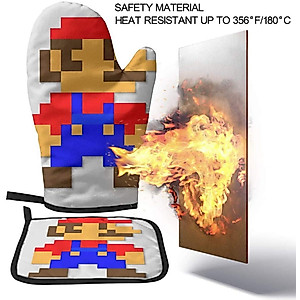 HENGE Pixel Mario Oven Mitts and Pot Holders Sets of 2,Resistant Hot Pads,Flexible Cooking Oven Gloves for Microwave BBQ Cooking Baking Grilling