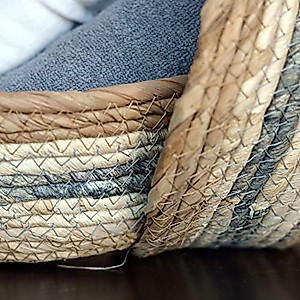 Coastal Grey Stripes 3 Piece Basket Set, Shelf Organizers, Corn Husk Wicker, Chunky Rope Weave, Stitched, Diameter 9.75 Inches