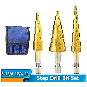 3PCS Titanium Uni Step Drill Bit Set,Sizes 3-12mm 4-12mm 4-20mm