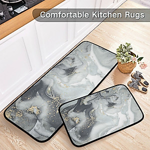 BOENLE Kitchen Rugs and Mats Non Skid Washable Kitchen Rug Set 2 Piece Black Grey Marble Carpet Ergonomic Comfort Standing Mat for Kitchen,Bathroom, Laundry