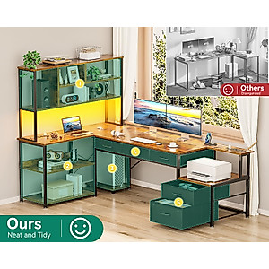 AODK 79 inch L Shaped Desk with File Drawers, Reversible L Shaped Gaming Desk with Power Outlets & LED Lights, Computer Desk with Storage Shelves for Home Office, Vintage