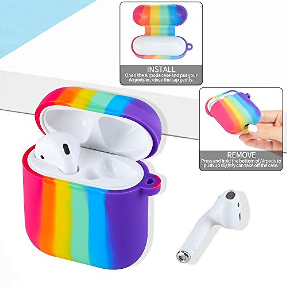 V-liams Airpods Case, Rainbow Silicone Soft Protective Case with Keychain, Earphone Storage Case, Rainbow Silicone Earphone Anti-Lost Lanyard for Airpods 2&1