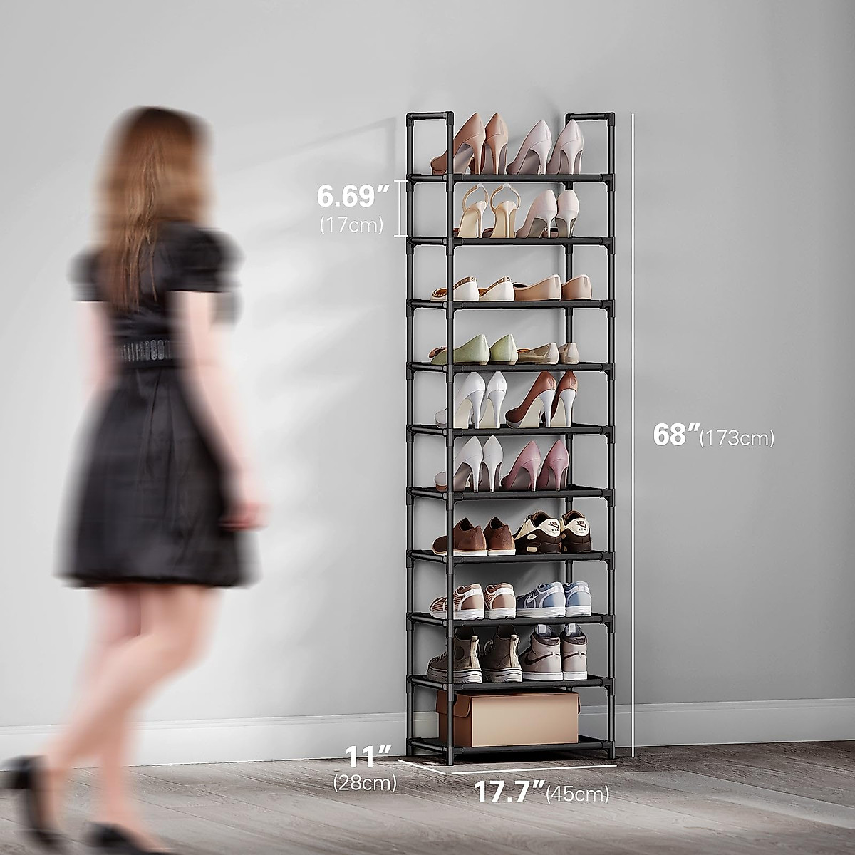 ciecie Shoe Rack, Shoe Organizer, 10 Tiers Non-Woven Fabric Shoe Shelves, Sturdy Shoe Rack for Closet, Garage & Corridor, Tall Shoe Rack for Entryway,11" D x 17.7" W x 68" H-Black