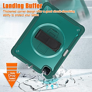 Batianda Case for iPad Pro 11-inch 2022 4th M2 Chip /2021 (3rd Generation) Heavy Duty Rugged Shockproof Tablet Cover with 360° Rotating Hand Strap Foldable Hidden Stand & Shoulder Strap, Teal