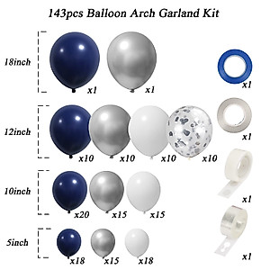 RUBFAC Navy Blue Silver Balloon Garland Kit, Blue Silver White Confetti Balloons for Graduation Birthday Party Baby Shower