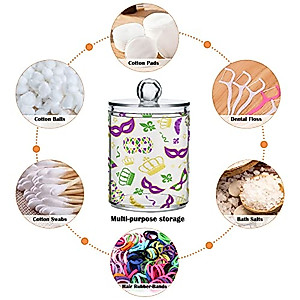 Kigai 4PCS Mardi Gras Qtip Holder Dispenser with Lids - 14 oz Bathroom Storage Organizer Set, Clear Apothecary Jars Food Storage Containers, for Tea, Coffee, Cotton Ball, Floss