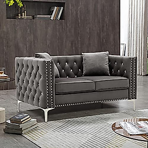 mikibama Velvet Loveseat with Jeweled Buttons and Square Arms 59 Inch Tufted Sofa with Trimmed Nailhead and Metal Legs Loveseat Couch with 2 Pillows for Living Room, Bedroom and Office (Gray)