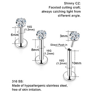 Hnxnskt 16G Threadless Nose Stud Tragus Piercing Jewelry Surgical Steel Lip Rings Push in Labret Medusa Piercing Jewelry for Women Men