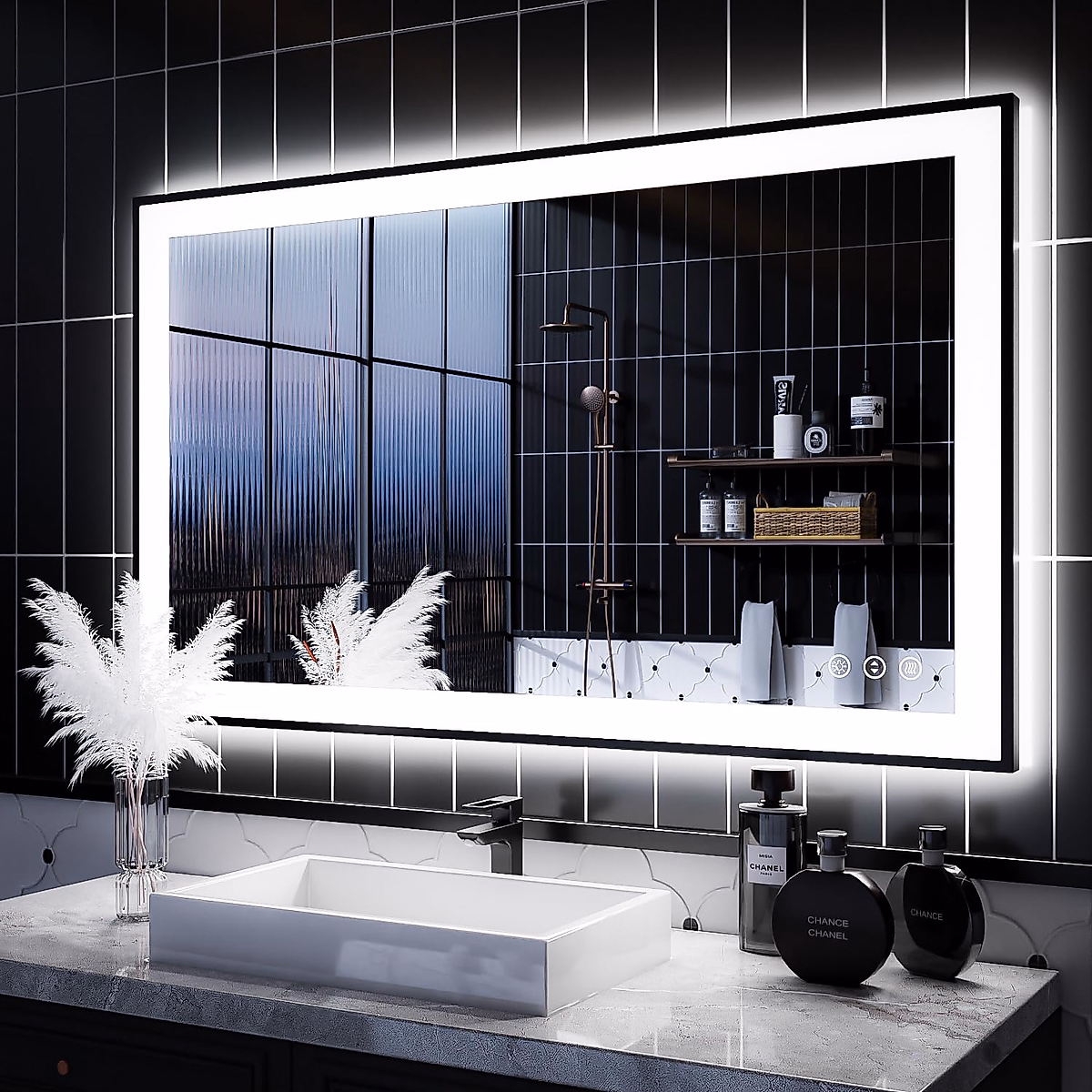 ISKM LED Mirror for Bathroom 40x24 Inch, Framed Adjustable Backlit and Front Lighted Anti-Fog Wall Mounted Mirror with Memory Function, Shatterproof and Waterproof