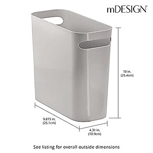 mDesign Plastic Small Trash Can, 1.5 Gallon/5.7-Liter Wastebasket, Narrow Garbage Bin with Handles for Bathroom, Laundry, Home Office - Holds Waste, Recycling, 10" High, Aura Collection, 2 Pack, Gray