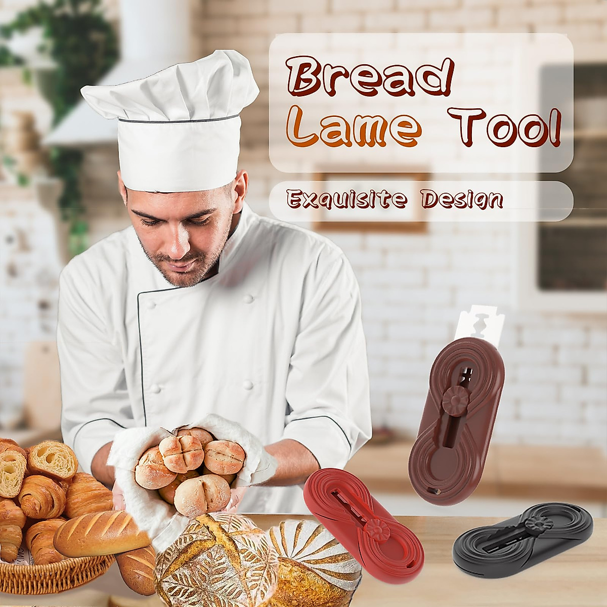 Tuuwhiz Bread Lame Dough Scoring Tool,Sourdough Bread Baking Supplies with Magnetic to Storage,Exquisite Design Bread Scorer Tool for Homemade Bread Baking Include 5 Razor Blades (Brown, Circular)