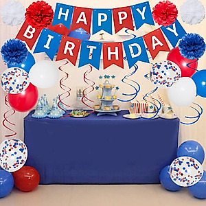 Blue White and Red Birthday Decorations, Patriotic Party Supplies Kit for Men Women Boys Grils, Happy Birthday Banner Paper Pompoms Red Blue Confetti Balloons Star Streamer for 4th of July Baseball