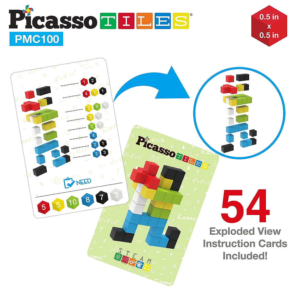 PicassoTiles Magnetic Puzzle Cube Characters + Mini + Black and White, 9pc with 18 Unique Characters Mix & Match Cubes Sensory Toys, 0.5” Pixel 100pcs, 1” 101pcs, Free Ideabook with 53 Ideas Age 3+