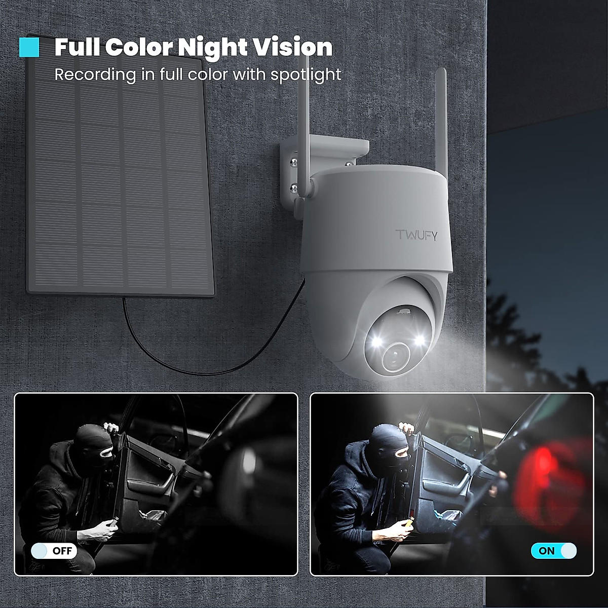 TWUFY Wireless, 360°PTZ Solar Outdoor Security Cameras with Pan 355° Tilt 120°, 15000mAh Battery, 1080P Night Vision,PIR Motion Detection, 2-Way Audio, IP65