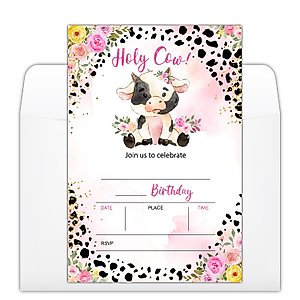 YUEXLL Holy Cow Birthday Party Invitations Cards with Envelopes, Blush Pink Floral Holy Cow Party Invitations, Birthday Celebration Supplies, Double-sided Fill-in bday Invites for Boys Girls- A32