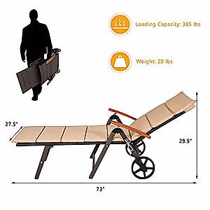 Tangkula Foldable Outdoor Chaise, Wicker Lounger Chair with Aluminum Frame, with Wheels for Easy Moving, 7-Position Adjustable Cushioned Rattan Chaise, Suitable for Poolside, Garden, Balcony and Patio