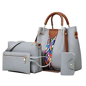 Rullar Women Handbag Set 4 in 1 Top Handle Bag Soft PU Leather Tote Satchel Stitching Shoulder Clutch Bag Purse Wallet Grey
