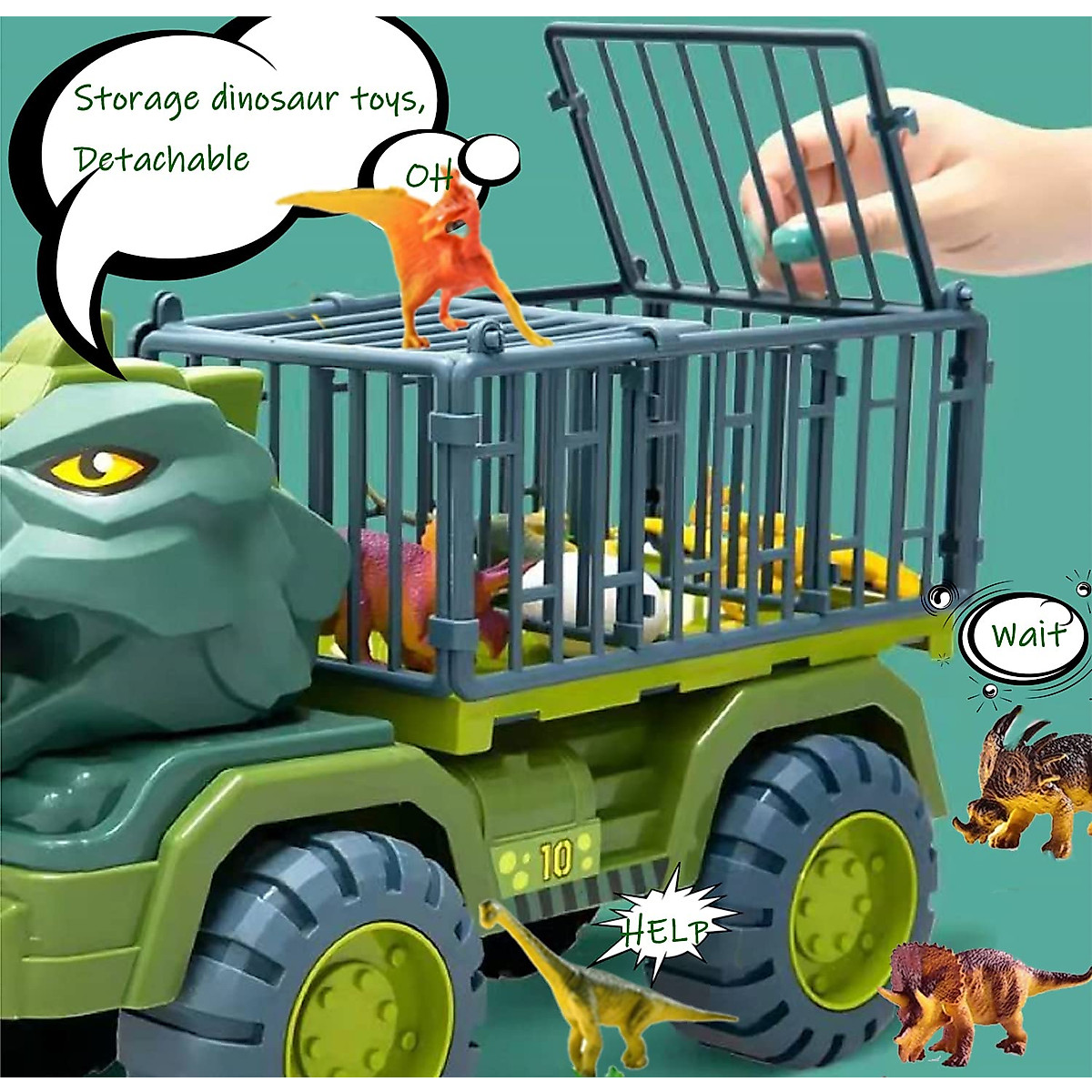 Dinosaur Transport Truck Boy Toys Car Carrier Train with 15PCS Dinosaurs 2 Crane Transport Toys for 3 4 5 6 7 Year Old Boys Girls Kids, Waterproof Mat Activity Playset (Dino Truck)