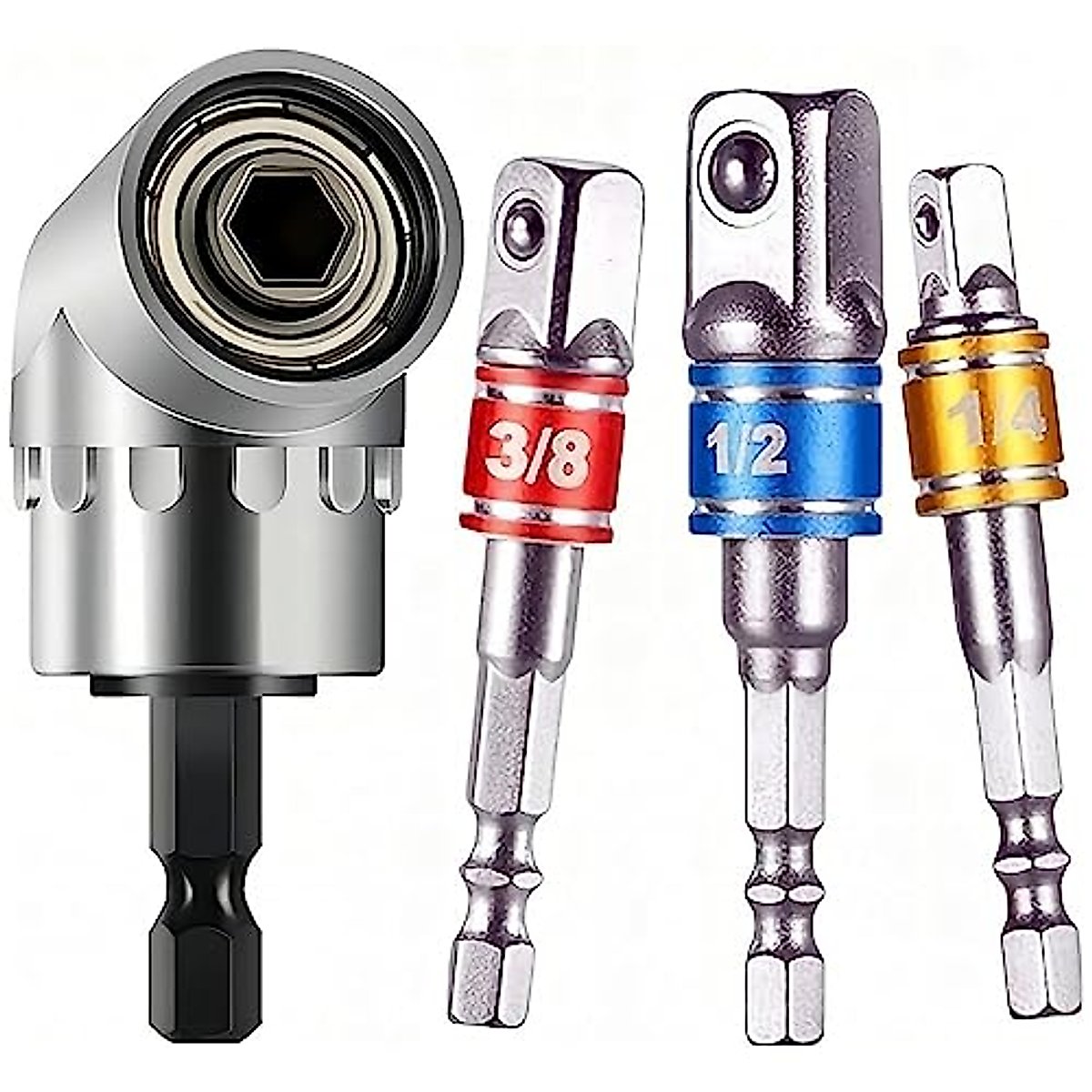3Pcs 1/4" 3/8" 1/2"Hex Socket Adapter Drill Bits Set,Impact Grade Socket Wrench Adapter Extension Set,105°Right Angle Drill Bit Adapter Attachment 1/4" Drive Hex Magnetic Bit Socket Screwdriver Drill