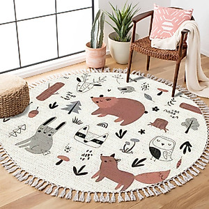 DNEWYNPABV Round Boho Rug Hand Drawn Colored Childrens Set with Cute Forest Animals in Area Linen Carpet Patio Hallway Runner Mat Pad Minimalist Home Decor for Living Room Outdoor, Multi, 4 ft