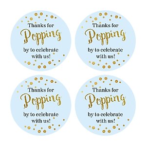 50 Count 2" Round Thanks for Popping by Stickers Candy Popcorn Favor Stickers for Baby Shower Party Decoration (Blue)