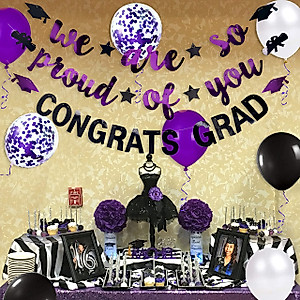 Purple Black 2024 Graduation Party Decorations We are So Proud of You Congrats Grad Graduation Banner Graduation Cap Diploma Star Garland Backdrop for Congratulations 2024 Grad Party Supplies