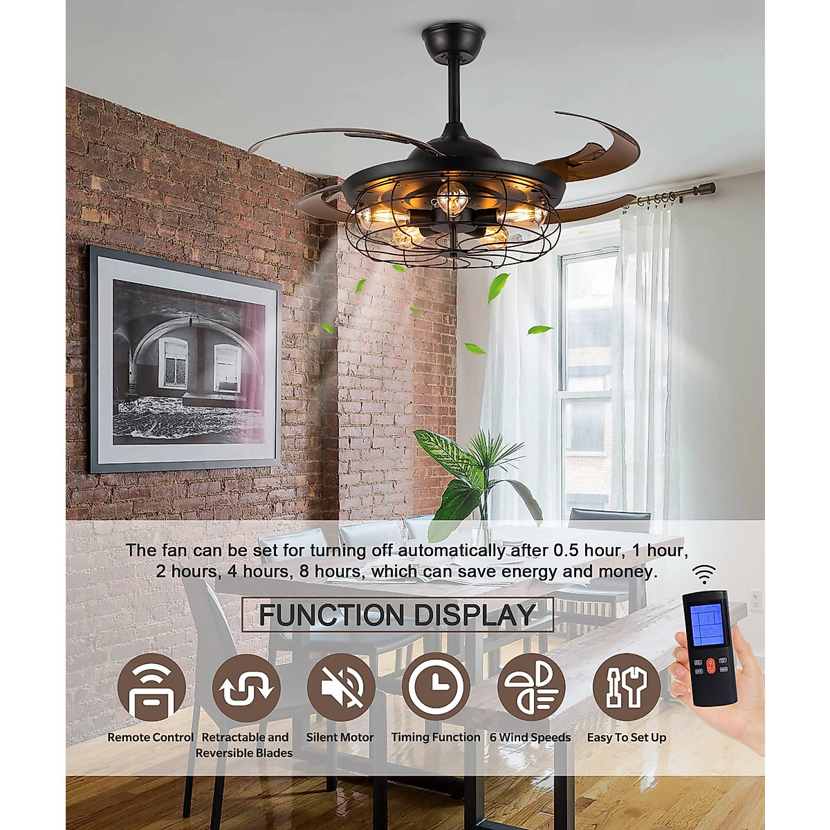 APBEAMLighting 48 Inches Retractable Ceiling Fan Industrial Caged Ceiling Fan Reversible Blades Black Farmhouse Ceiling Fan with Lights and Remote Control for Living Dining Room