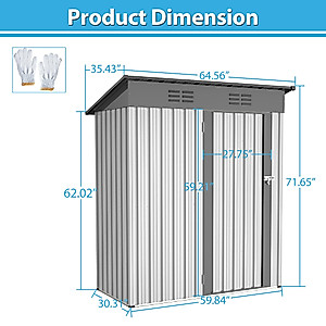 Jintop 5X3 FT Outdoor Storage Shed with Pent Roof and 2 Punched Vents,Galvanized Metal Garden Sheds w/Lockable Doors,Hinged Door & Padlock,for Patio Lawn Backyard Trash Cans Tool,White+Grey