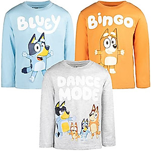 Bluey Bingo Little Boys Girls 3 Pack Long Sleeve Graphic T-Shirt Orange/Blue/Gray 7-8