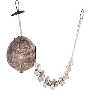 Natural Coconut Shell with Wood Ladder Bird Breeding Nest Bed Perch Swing Toy for Parrot Budgie Parakeet Cockatiel Conure Lovebird Canary Finch Small Parrot Hamster Rat Chinchilla Cage