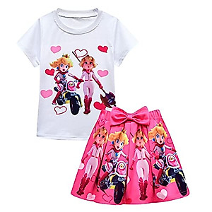Princess Peach Girls Skirt Super Cute Cartoon Short Sleeve Kids Tutu Skirt Dance Dress 2Pcs Outfit Top Tee (as1, Age, 7_Years, 8_Years, Red)
