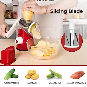 X Home Rotary Cheese Grater for Kitchen, Shredder with 3 Interchangeable Blades, Rotary Grater with Handle and Strong Suction Base, for Vegetables, Fruit, Nuts, Easy to Use and Clean, Red