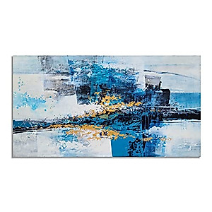 YHSKY ARTS Hand Crafted Abstract Canvas Wall Art - Modern Blue and Gold Oil Paintings - Contemporary Large Pictures for Living Room Bedroom Dinning Decor