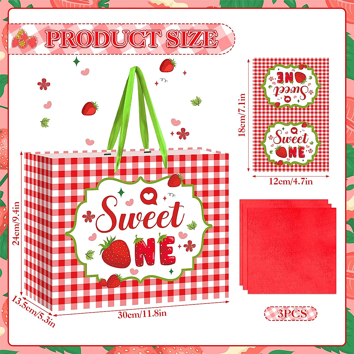 Strawberry 1st Birthday Gift Bag Red Berry Birthday Decorations Large Sweet One Birthday Wrapping Bag with Tissue Paper and Greeting Card for Girl Baby Shower Berry First Birthday Party Supplies