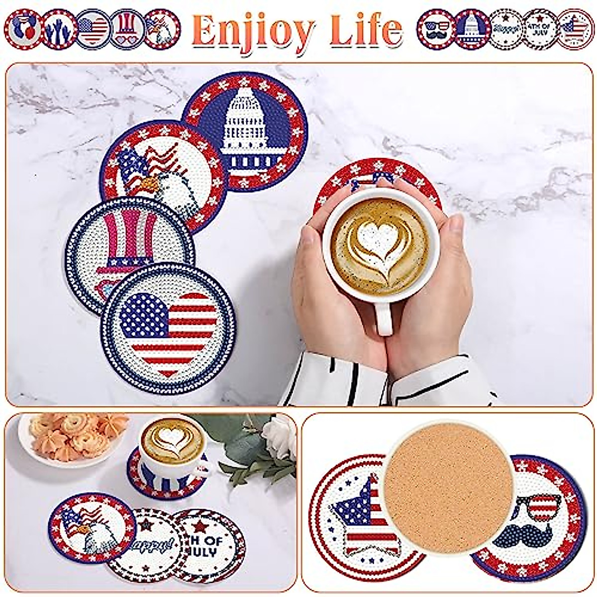 Billbotk 10 Pieces Independence Day Diamond Painting Coasters, Diamond Art Coasters with Holder, DIY Diamond Art Crafts Projects, Diamond Dots Kits for Adults and Beginners