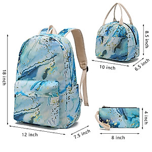 Pawsky Waterproof School Backpack Set Fits 14" Laptop Backpack Daypack College School Bookbag with Lunch Box and Pencil Case (Marble-Blue)