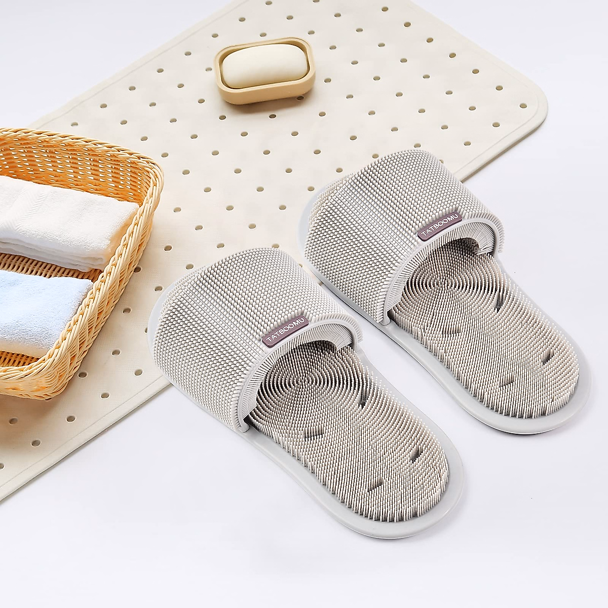 TATBOOMU Shower Foot Scrubber,Soft Silicone Bristles with Non-Slip Suction Cups - Cleans,Smooths,Exfoliates & Massages Your Feet Without Bending,Improve Circulation & Soothes Tired Feet (1PCS Gray)