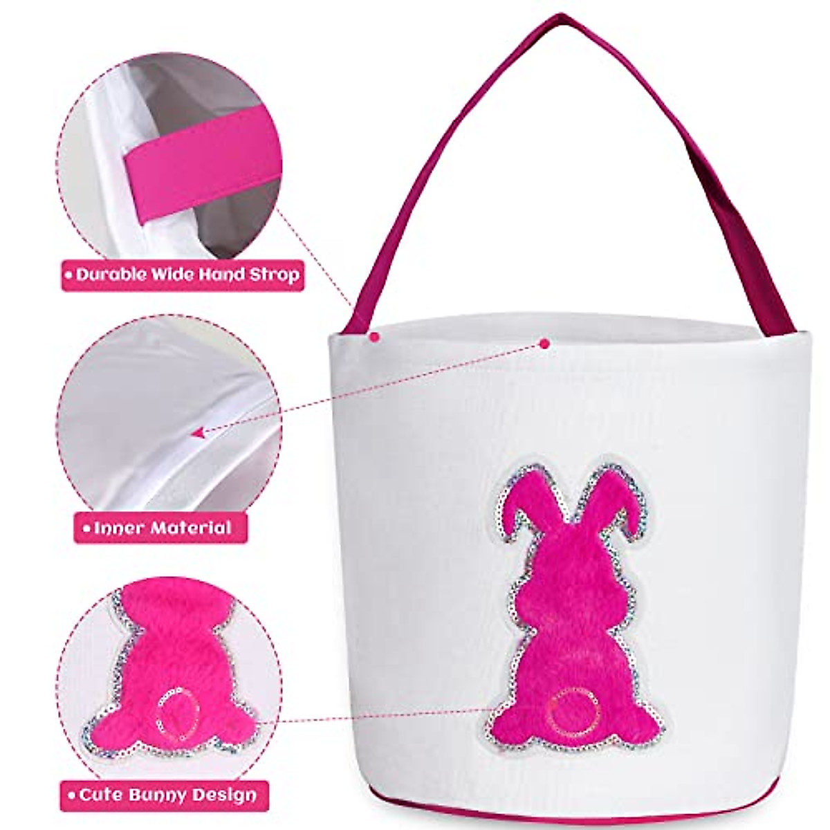SANRUIHE Easter Basket Bunny Bags, Easter Egg Hunt Basket for Kids, Canvas Tote Candy Gifts Bags for Boys and Girls, Printed Fluffy Paillette Rabbit Bucket for Easter Decorations