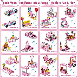Girls Building Blocks Toys 553 Pieces Ice Cream Truck Set Toys for Girls 25 Models Pink Building Bricks Toys STEM Toys Construction Play Set for Kids Best Gifts for Girls Age 6-12 and Up