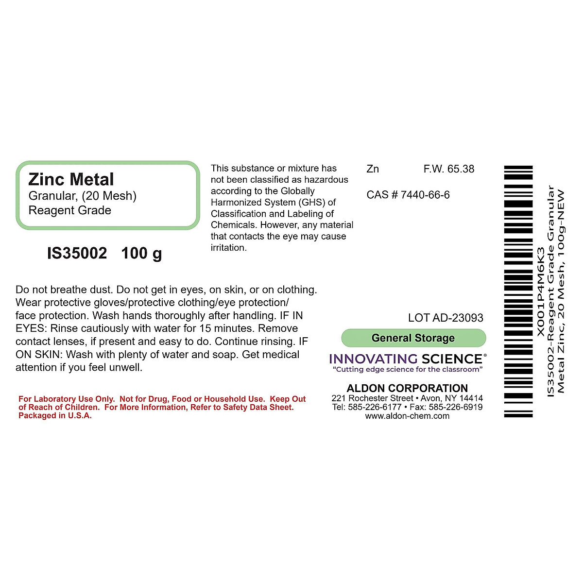 ALDON Innovating Science Reagent Grade Granular Metal Zinc, 20 Mesh, 100g - The Curated Chemical Collection