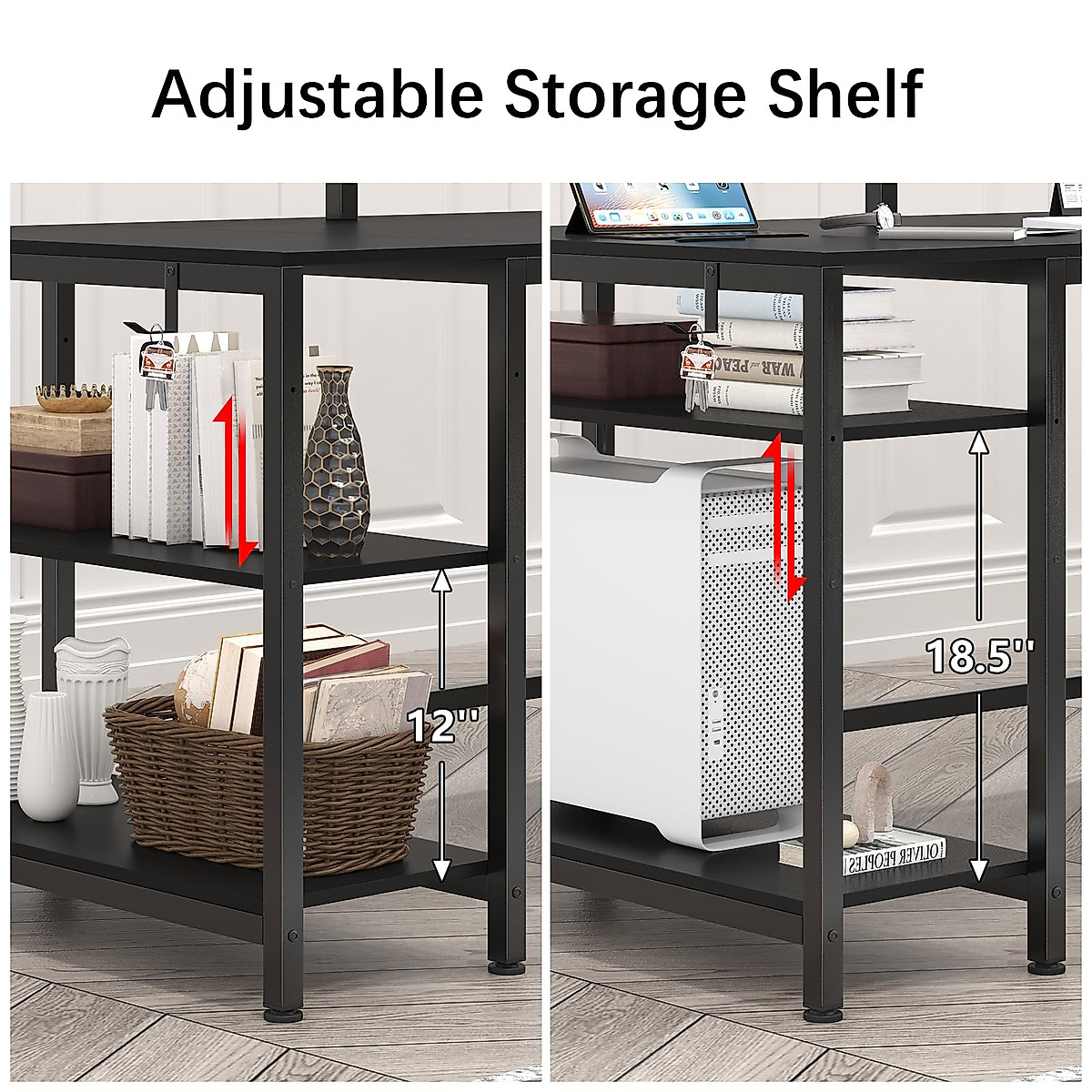 YOMILUVE L Shaped Desk with File Drawer and Storage Shelves, Reversible Computer Desk with Power Outlet for Home Office, Corner Gaming Desk with Full Monitor Stand