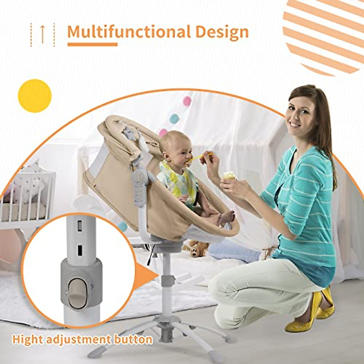 Baby Swing, 3-Level Height Adjustable Baby Rocker, Essential Cradle for Newborns, Music, Remote Control Electric Cradle with 15 Preset Lullabies, Foldable Portable Baby Bouncers for Infants (Khaki)