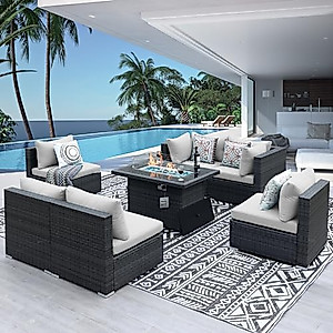 NICESOUL® 7Pcs High-End Extra Large Outdoor Patio Furniture Set with Natural Gas/Propane Firepits,Wicker Sectional Couches with Fire Table, 29.3''High Back Conversation Sofas
