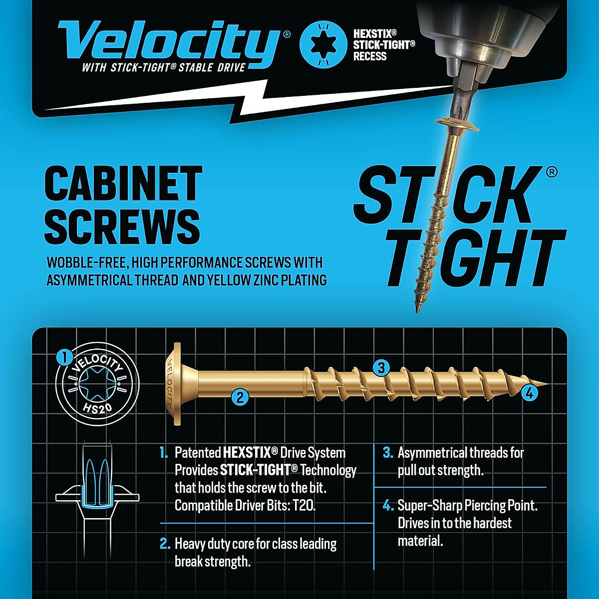 Velocity Cabinet Screws for Wood and T20 Torx Bits (Size #8 x 2 1/2"), – Zinc Plated Washer Head, Designed for Wood Screw Construction and DIY Projects (100 Count)