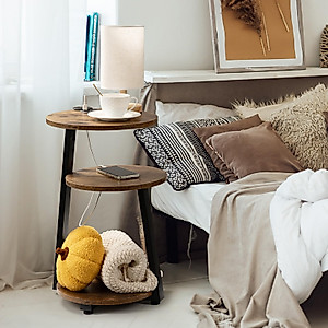 Hadulcet Round End Table with Charging Station and LED Lights, Small Side Table for Small Space, Bedside Table with 3-Tier Storage Shelf, Versatile Accent Table for Living Room, Bedroom, Rustic Brown
