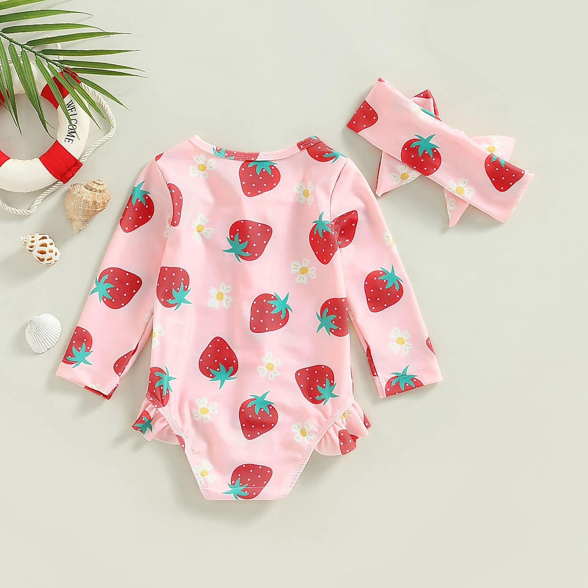 MERSARIPHY Toddler Baby Girl One-Piece Swimsuit Zipper Long Sleeve Swimsuit Girls Bathing Suit Rash Guard Beachwear (Strawberry Flower, 9-12 Months)