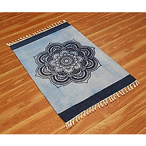 Casavani Indian Handmade Cotton Dhurrie Floral Blue & Black Area Rug Boho Kilim Flat Weave Rug Indoor Hall Room Decor Carpet Throw Rugs for Bedroom Living Room Bathroom Balcony 2x3 Feet