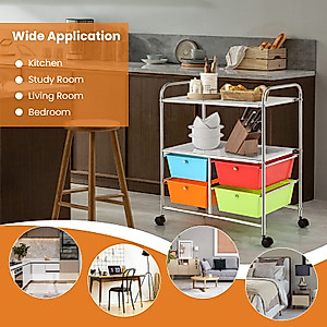 COSTWAY Rolling Storage Cart w/ 4 Drawers 2 Shelves, Home Office Utility Organizer Cart with Wheels, Mobile Storage Drawer Cart, Rolling Metal Storage Cart for Home Office Kitchen School Beauty Salon