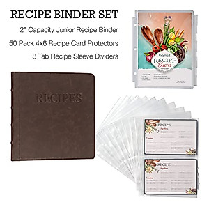 Samsill 2" Junior Recipe Binder Set, Complete with 50 Pack 4" x 6" Recipe Card Sleeves, and 8 Custom Dividers, Faux Brown Leather