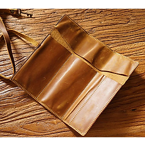 Acrecean Retro Genuine Leather Pencil Case, Rollup Pen, Pencil Pouch Wrap Foldable Tool, Pencil Storage Case for Adult Men & Women Office Work (Brown)